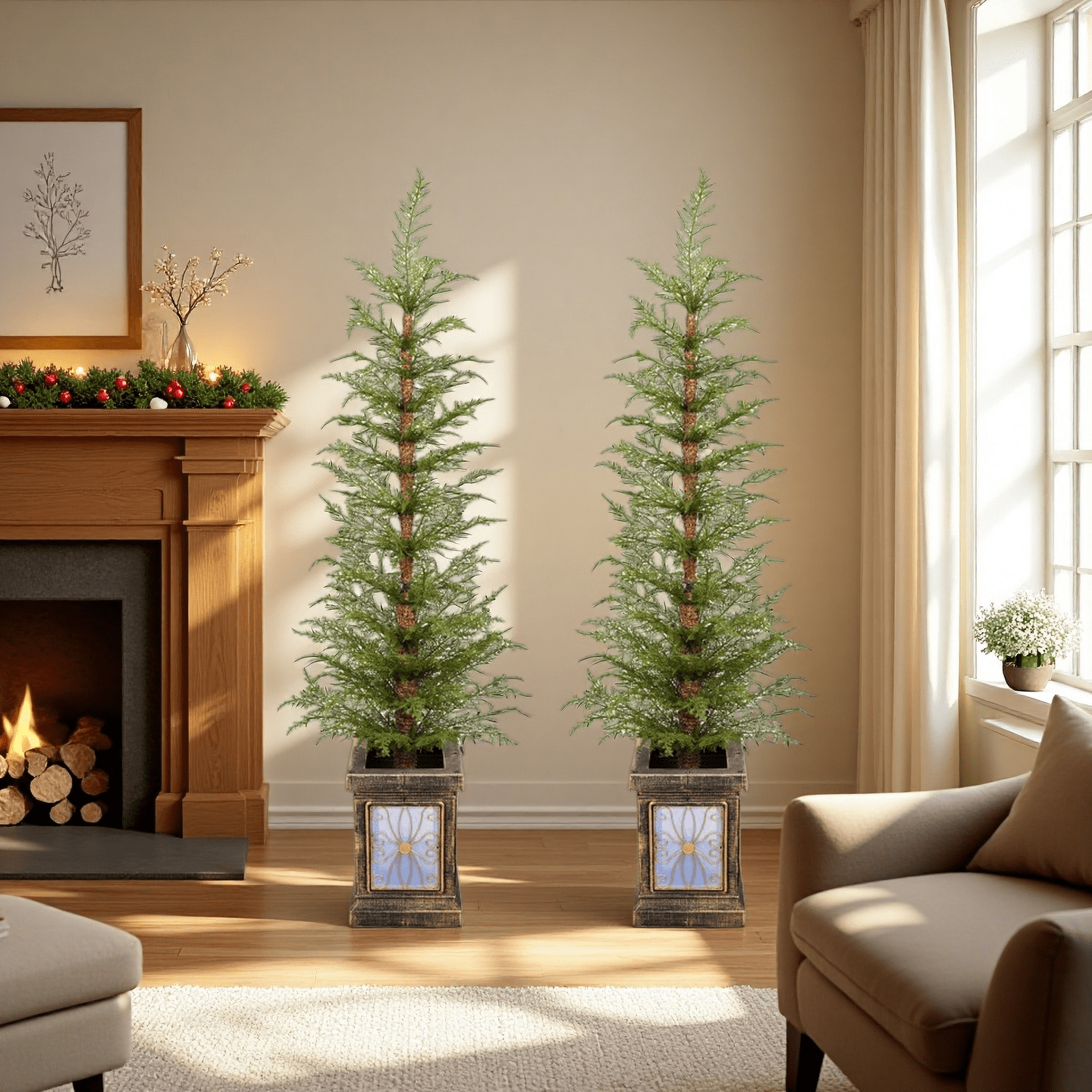 4ft Pre-Lit Artificial Christmas Tree Set of 2, PE Needles Potted ...