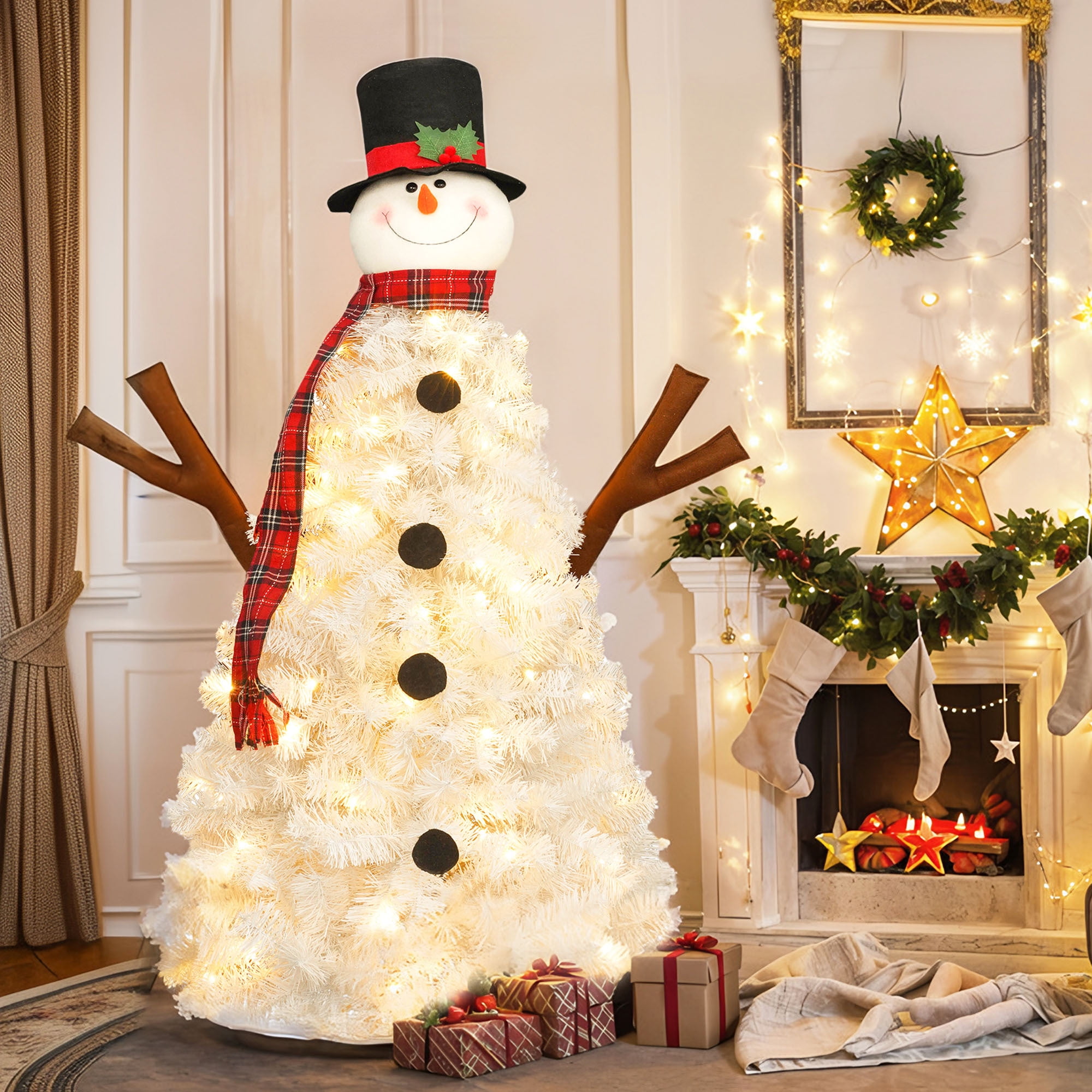 4ft Pre-lit Christmas Tree - Snowman-Shaped, 100 Lights, 380 Branch ...
