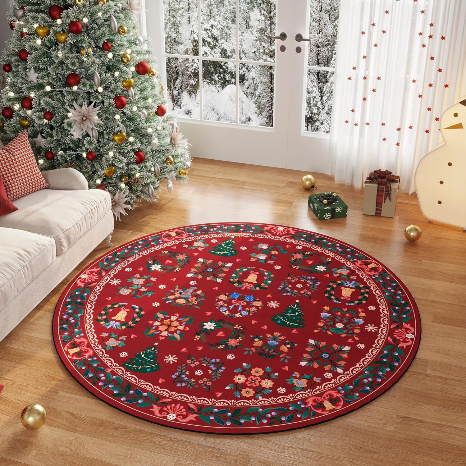 4ft Round Christmas Rug Washable Red Holiday Circle Non-Slip Thin Low ...