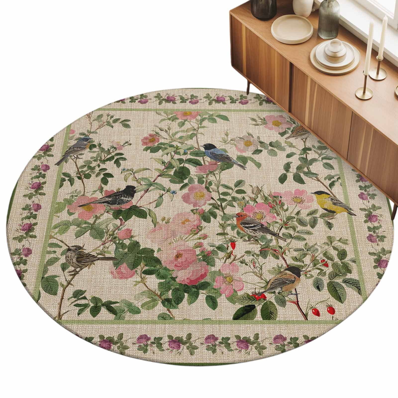 4ft Round Rug Beige Spring Floral Area Rugs for Living Room Bedroom ...