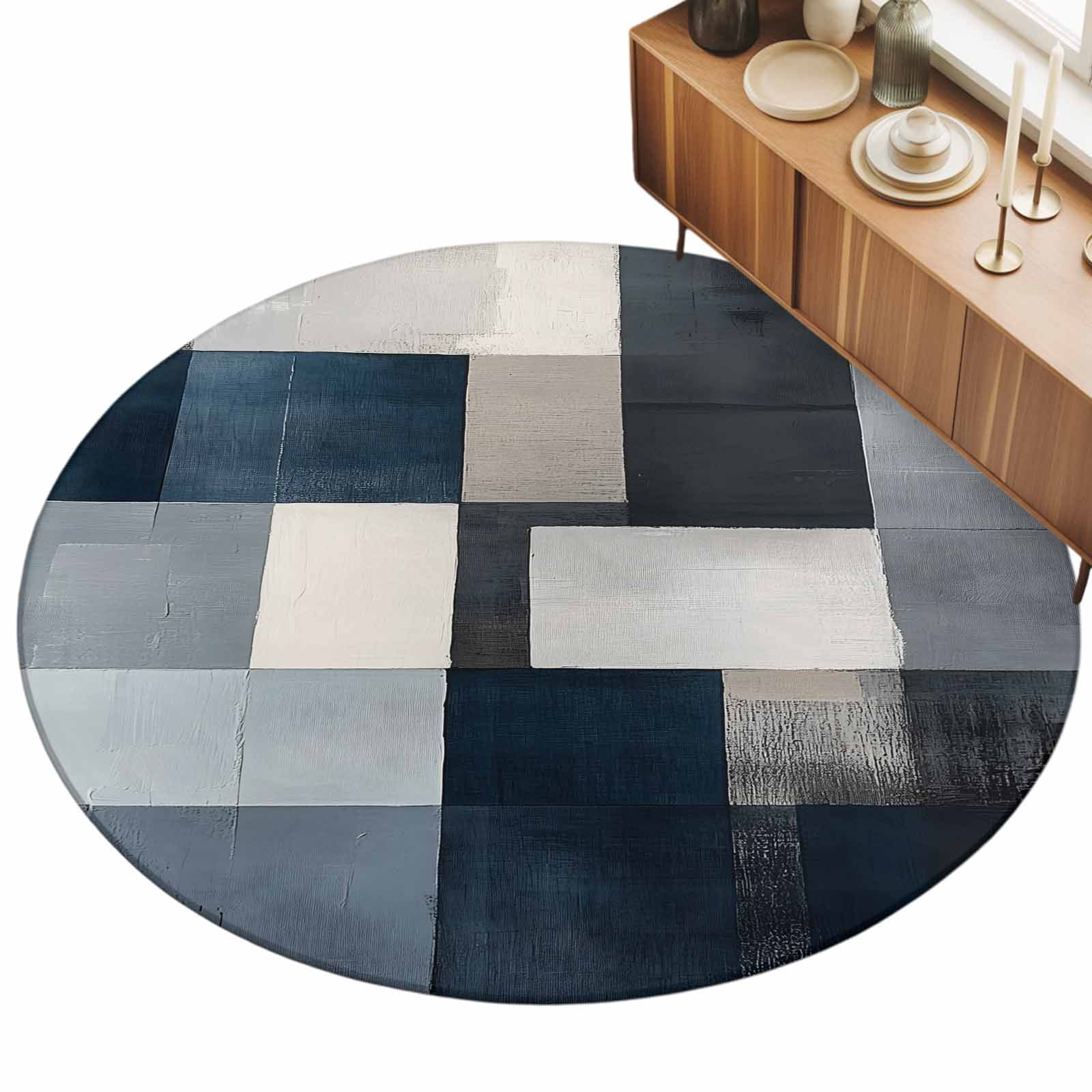 4ft Round Rug Black Blue Geometric Area Rugs for Living Room Bedroom ...