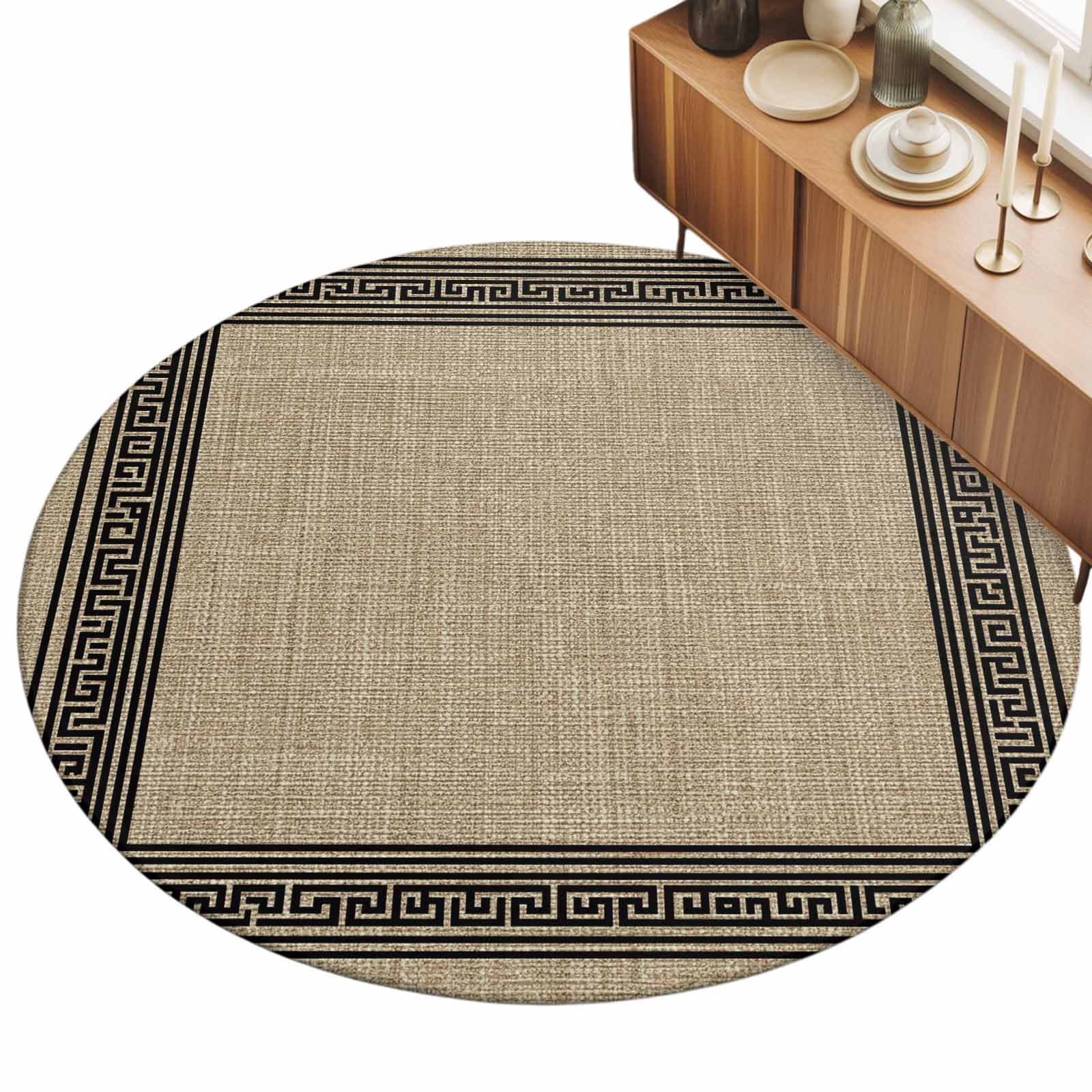 4ft Round Rug Black Brown Retro Greek Key Area Rugs for Living Room ...