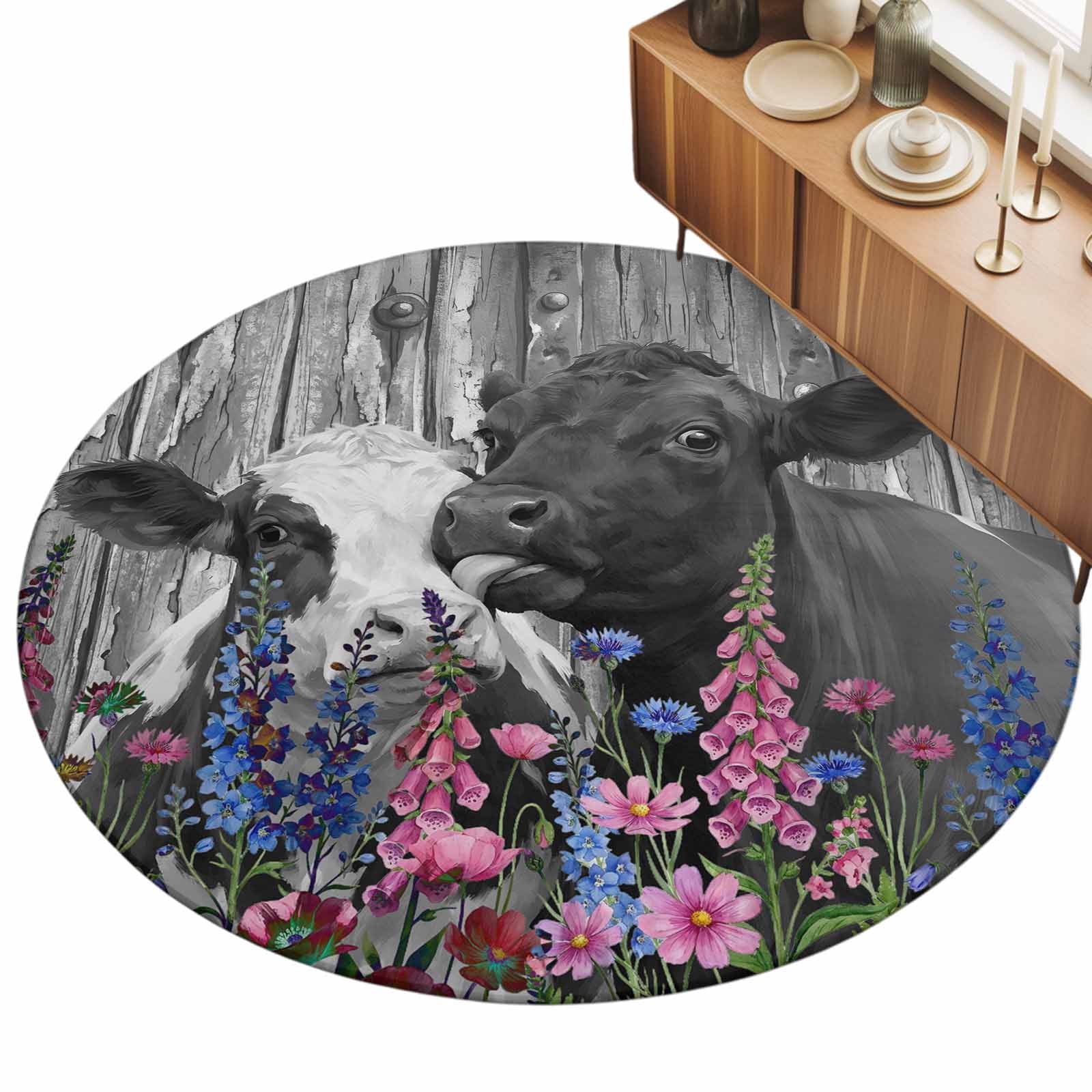 4ft Round Rug Black Cows Area Rugs for Living Room Bedroom Washable Non ...