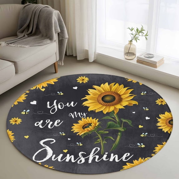 4ft Round Rug, Black Sunflowers Non-Skid Rubber Backing Large Area Rugs ...