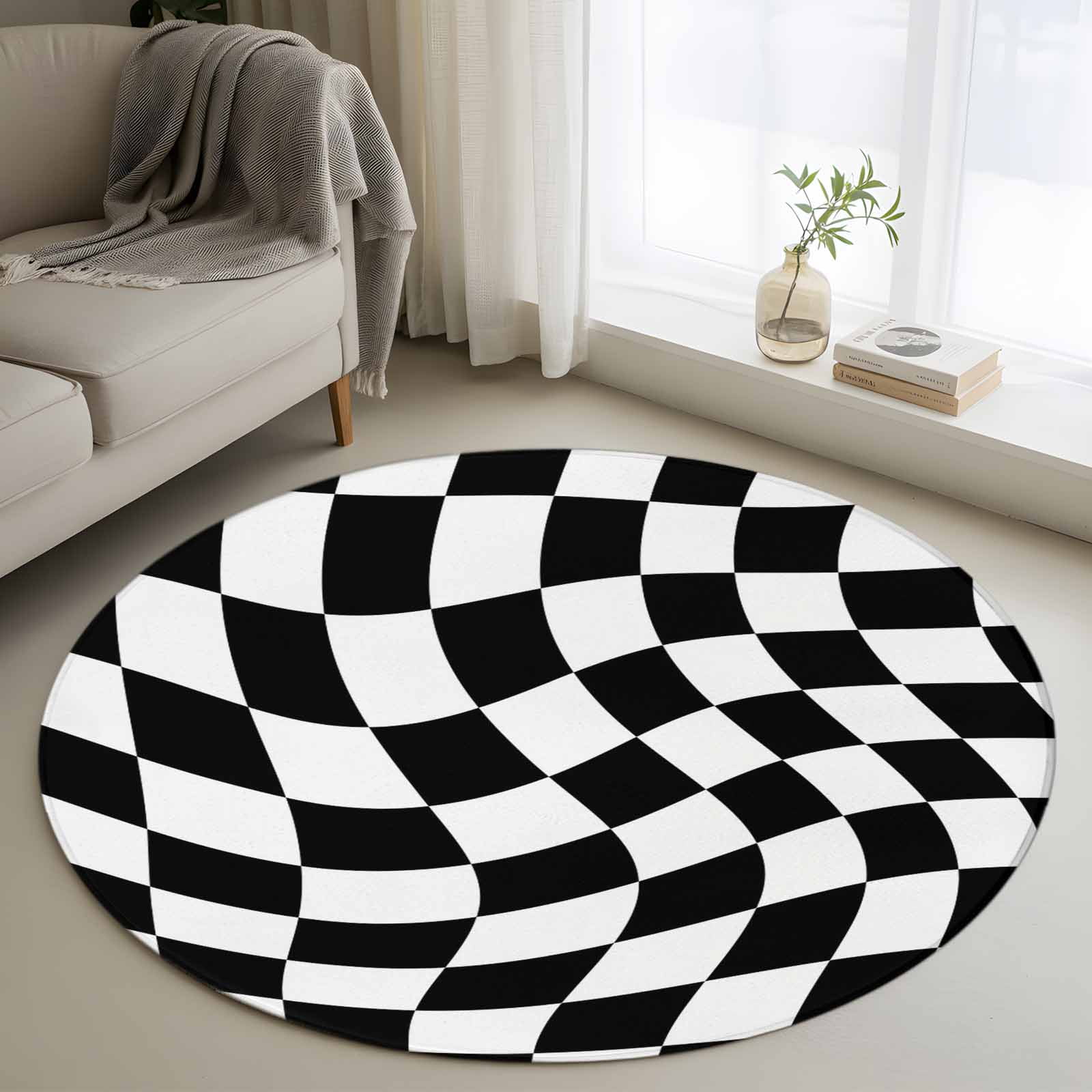 4ft Round Rug, Black and White Checkered Non-Skid Rubber Backing Large ...