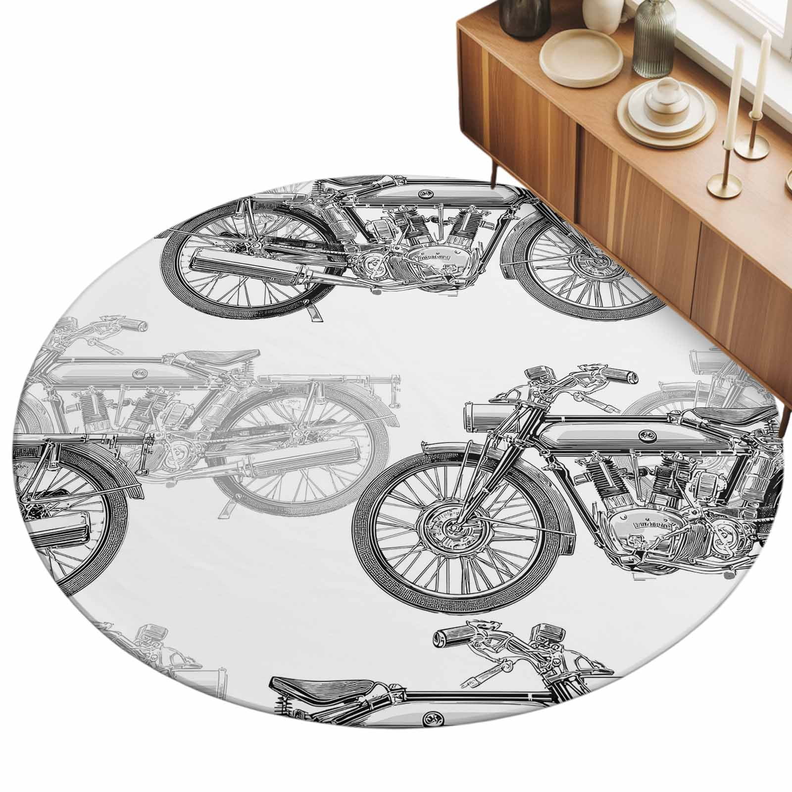 4ft Round Rug Black White Motorcycles Area Rugs for Living Room Bedroom ...