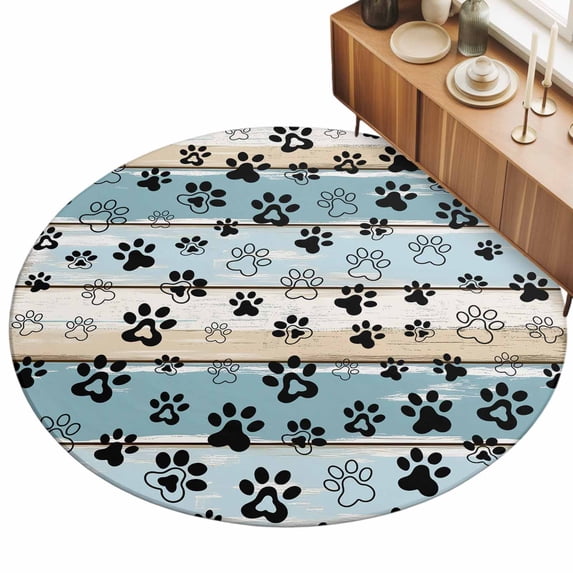 4ft Round Rug Blue Beige Paw Print Area Rugs for Living Room Bedroom ...