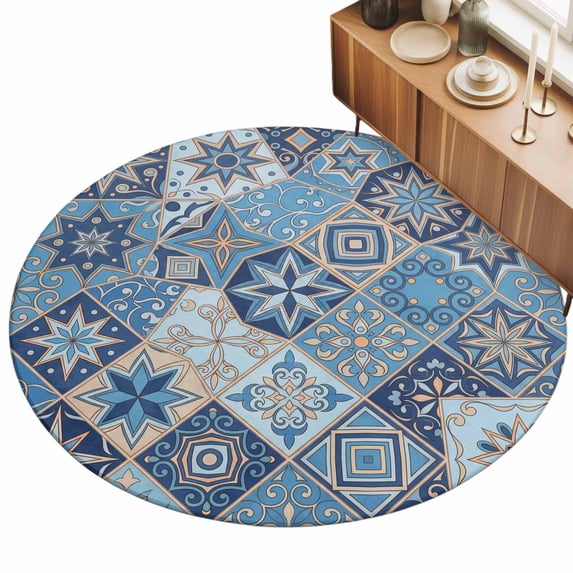 4ft Round Rug Blue Boho Geometric Area Rugs for Living Room Bedroom ...