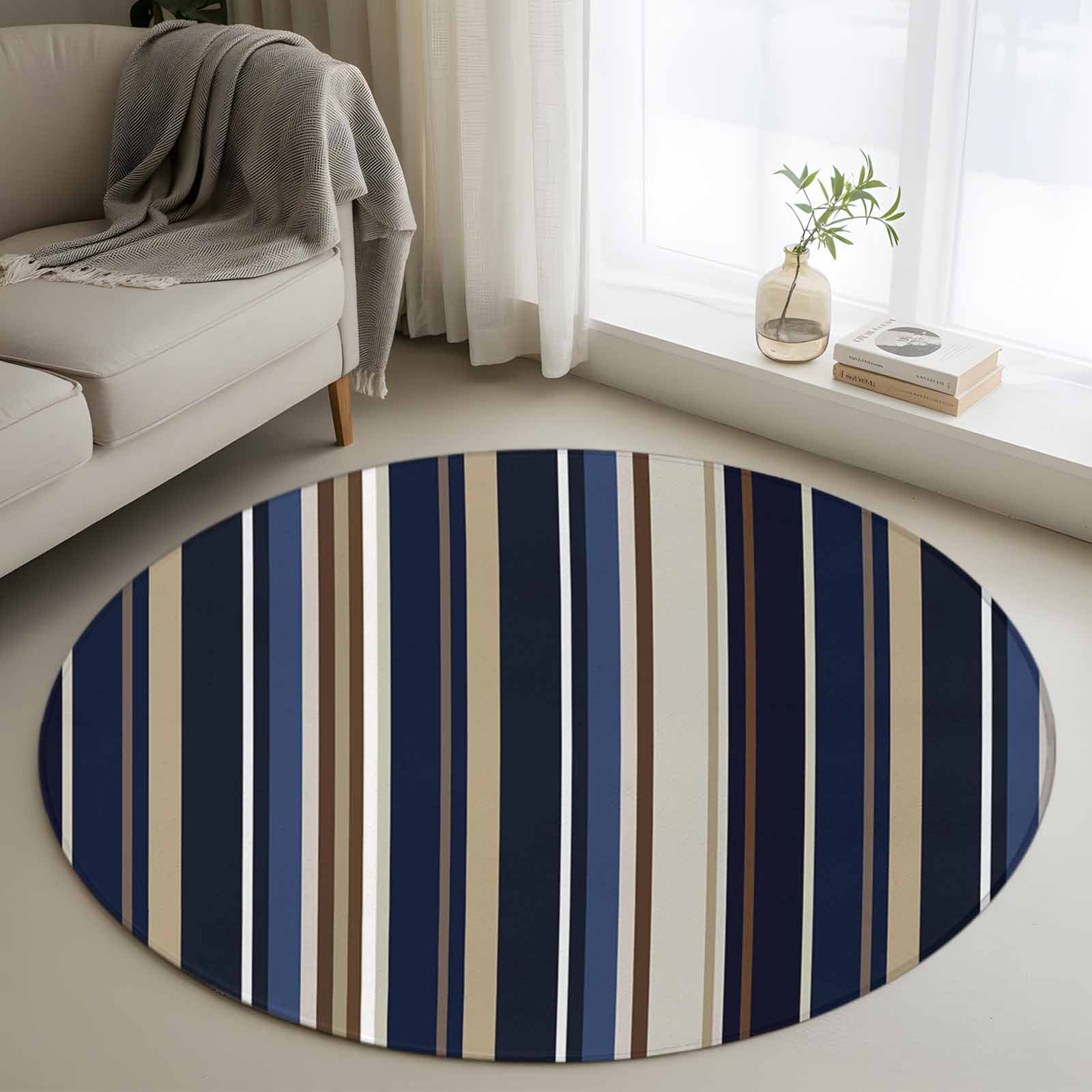 4ft Round Rug, Blue and Brown Geometric Stripe Pattern Non-Skid Rubber ...