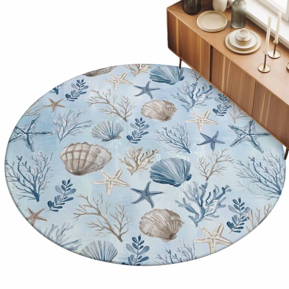 4ft Round Rug Blue Coastal Area Rugs for Living Room Bedroom Washable ...