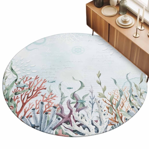 4ft Round Rug Blue Coral Coastal Area Rugs for Living Room Bedroom ...