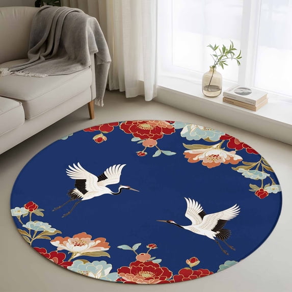 4ft Round Rug, Blue Crane Non-Skid Rubber Backing Large Area Rugs ...