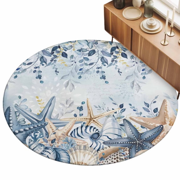 4ft Round Rug Blue Eucalyptus Coastal Area Rugs for Living Room Bedroom ...