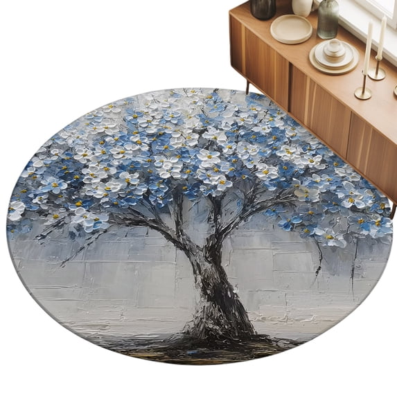 4ft Round Rug Blue Flowers Tree Area Rugs for Living Room Bedroom ...