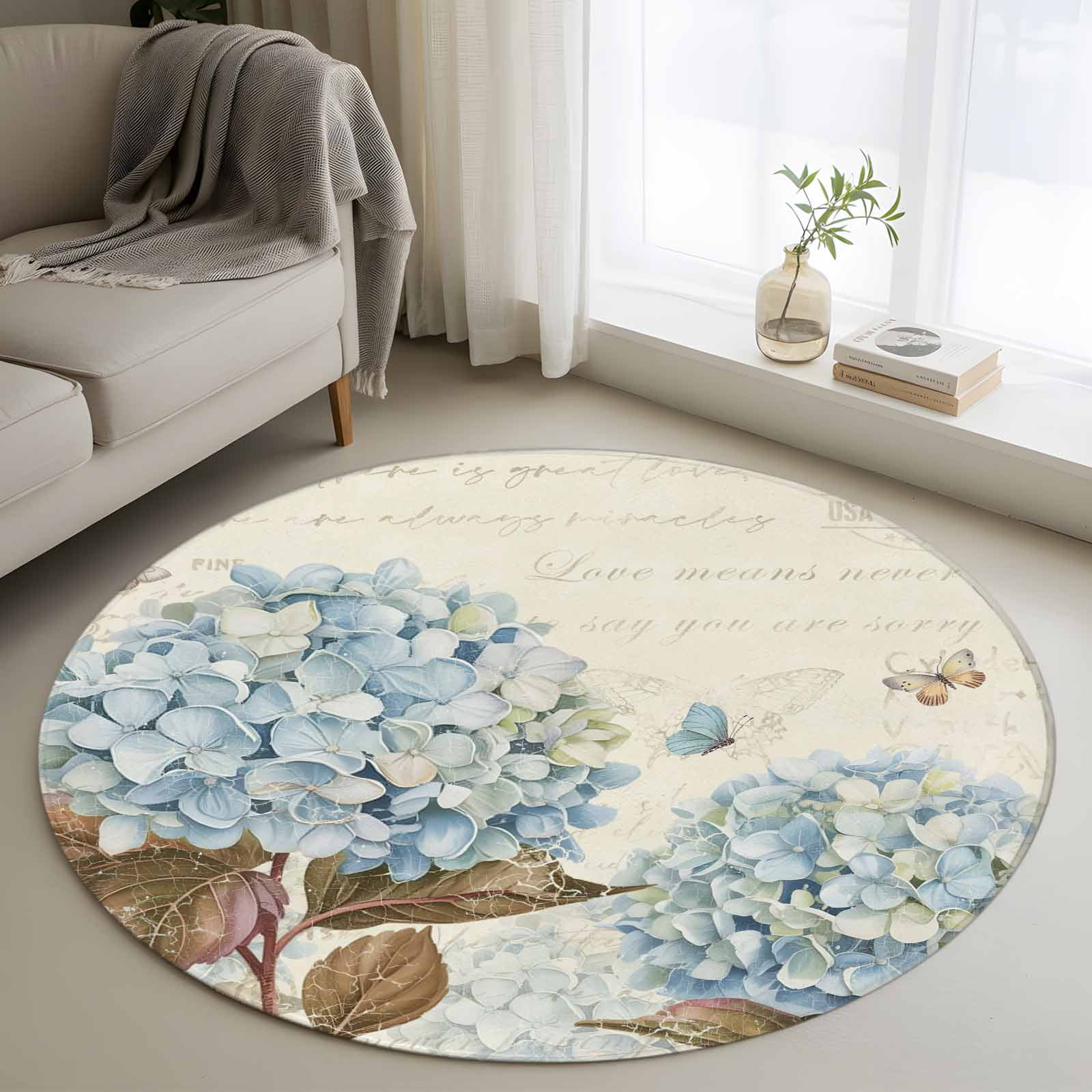 4ft Round Rug, Blue Hydrangea Non-Skid Rubber Backing Large Area Rugs ...