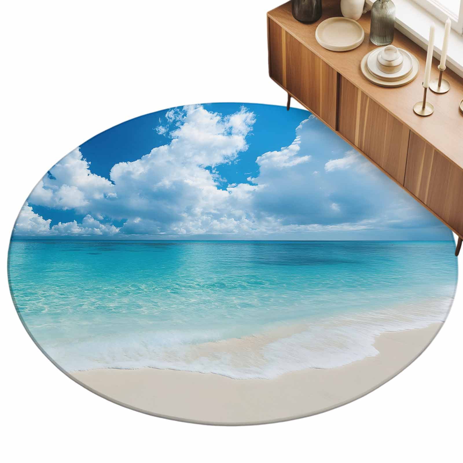 4ft Round Rug Blue Ocean Area Rugs for Living Room Bedroom Washable Non ...