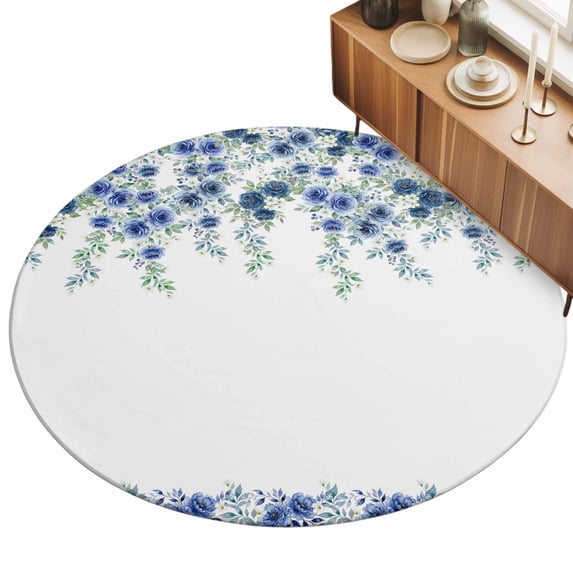 4ft Round Rug Blue Roses Area Rugs for Living Room Bedroom Washable Non ...