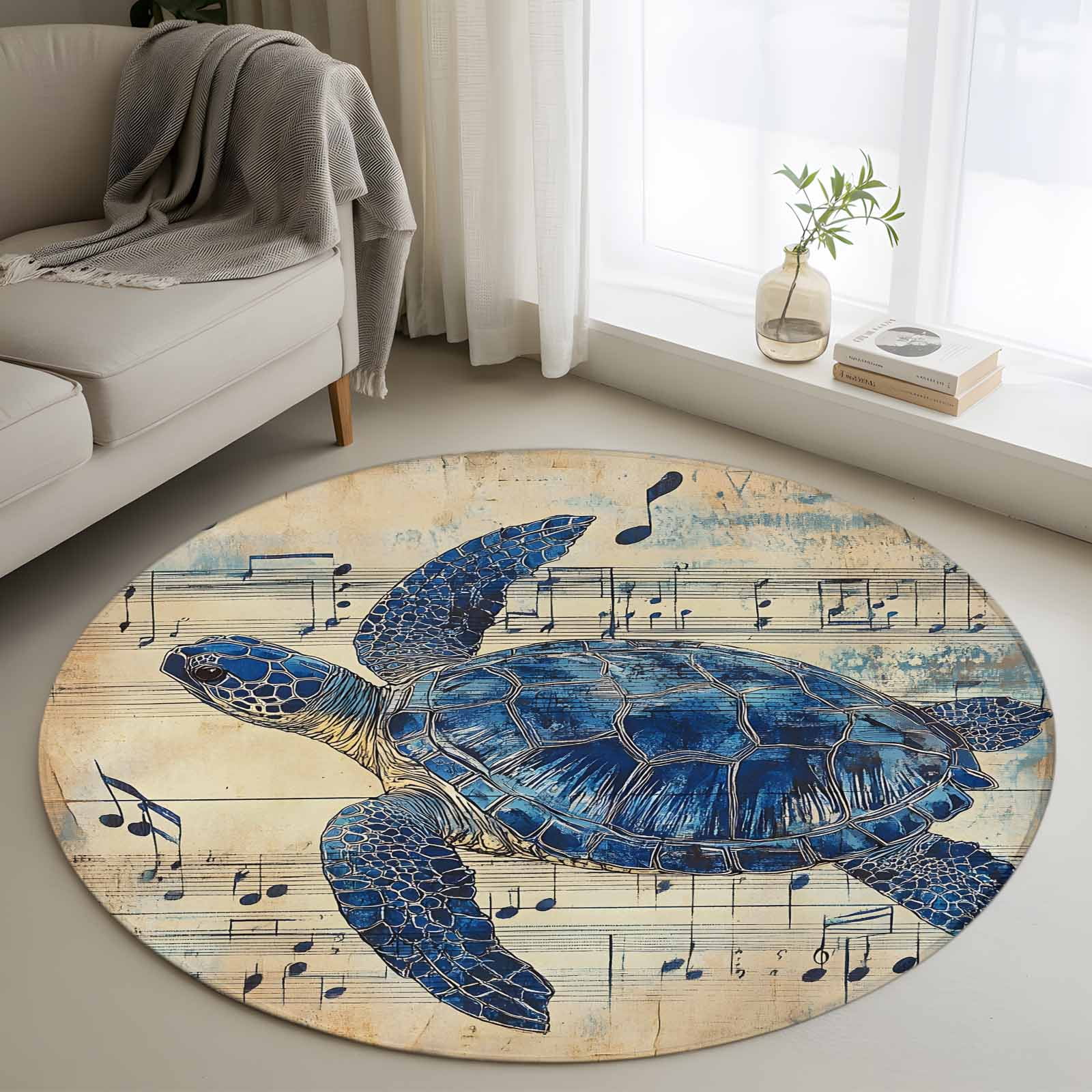 4ft Round Rug, Blue Sea Turtle Non-Skid Rubber Backing Large Area Rugs ...