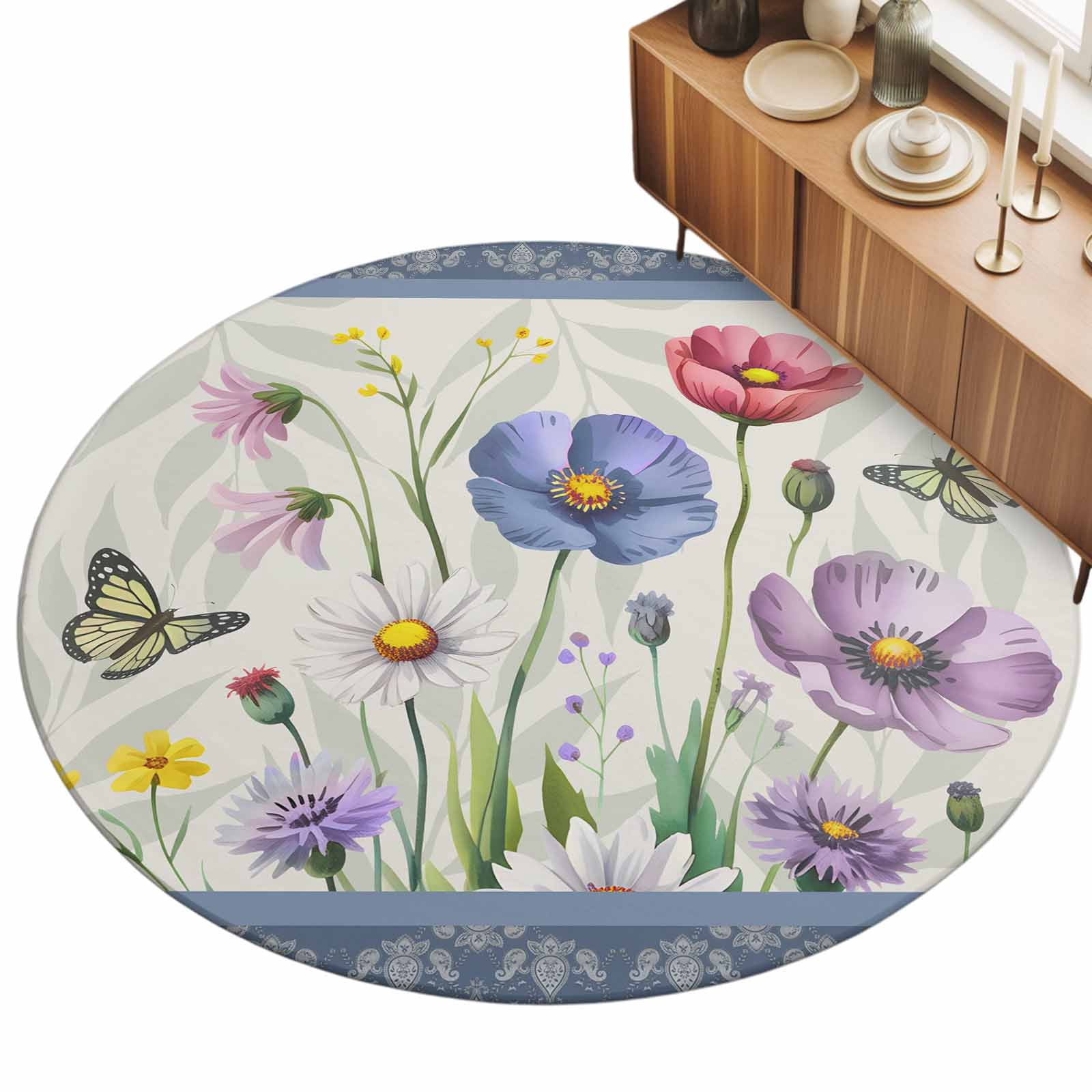 4ft Round Rug Blue Wildflowers Area Rugs for Living Room Bedroom ...