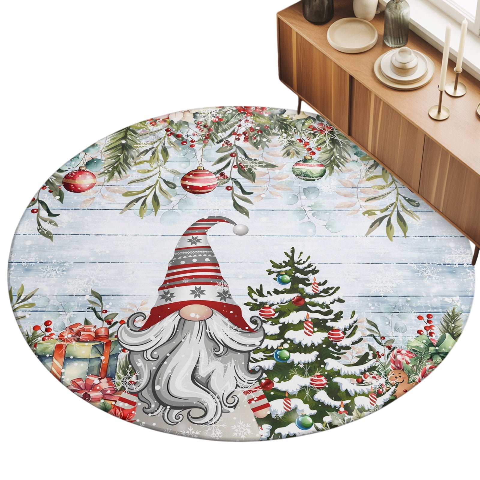 4ft Round Rug Blue Wooden Christmas Gnomes Area Rugs for Living Room ...