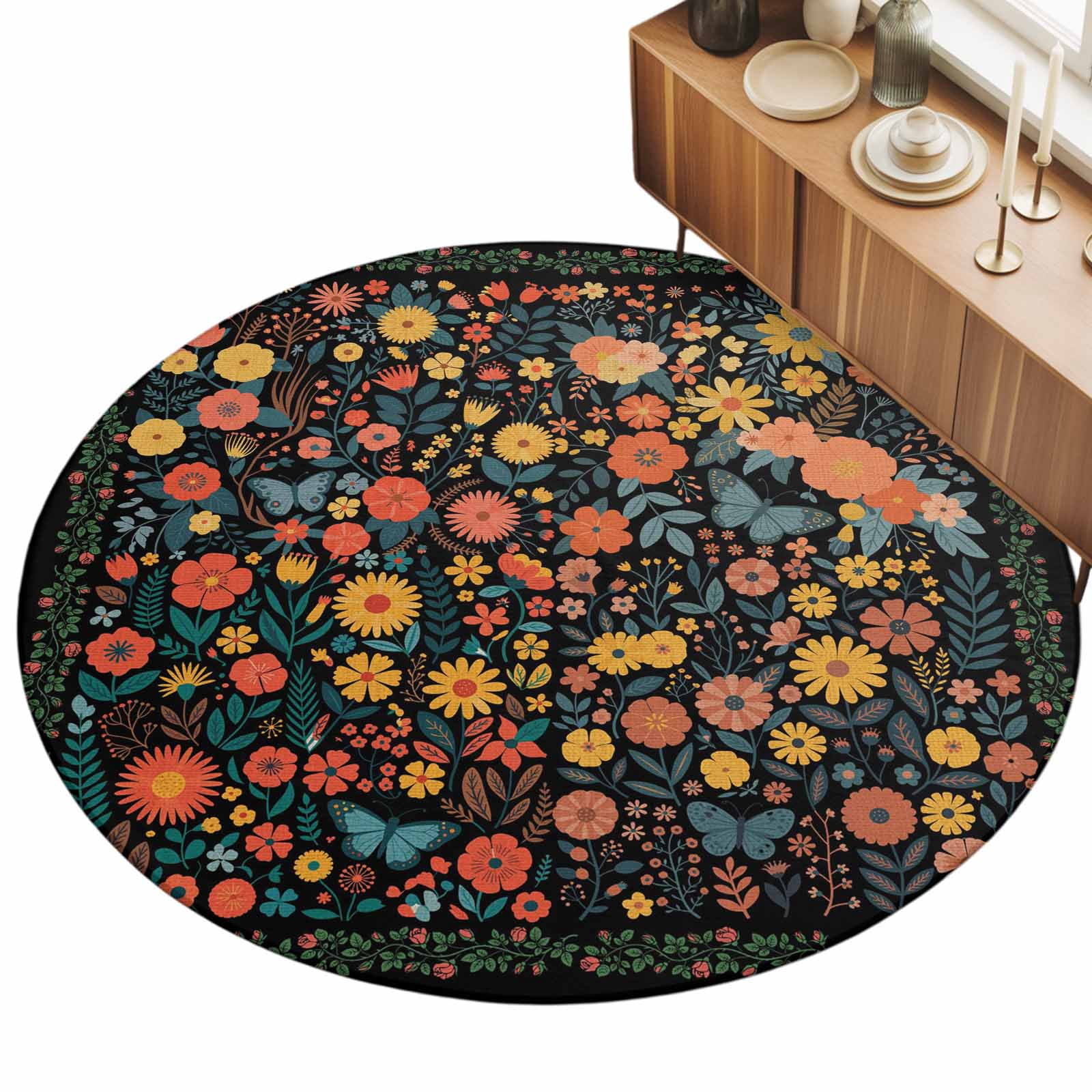 4ft Round Rug Boho Black Flowers Area Rugs for Living Room Bedroom ...