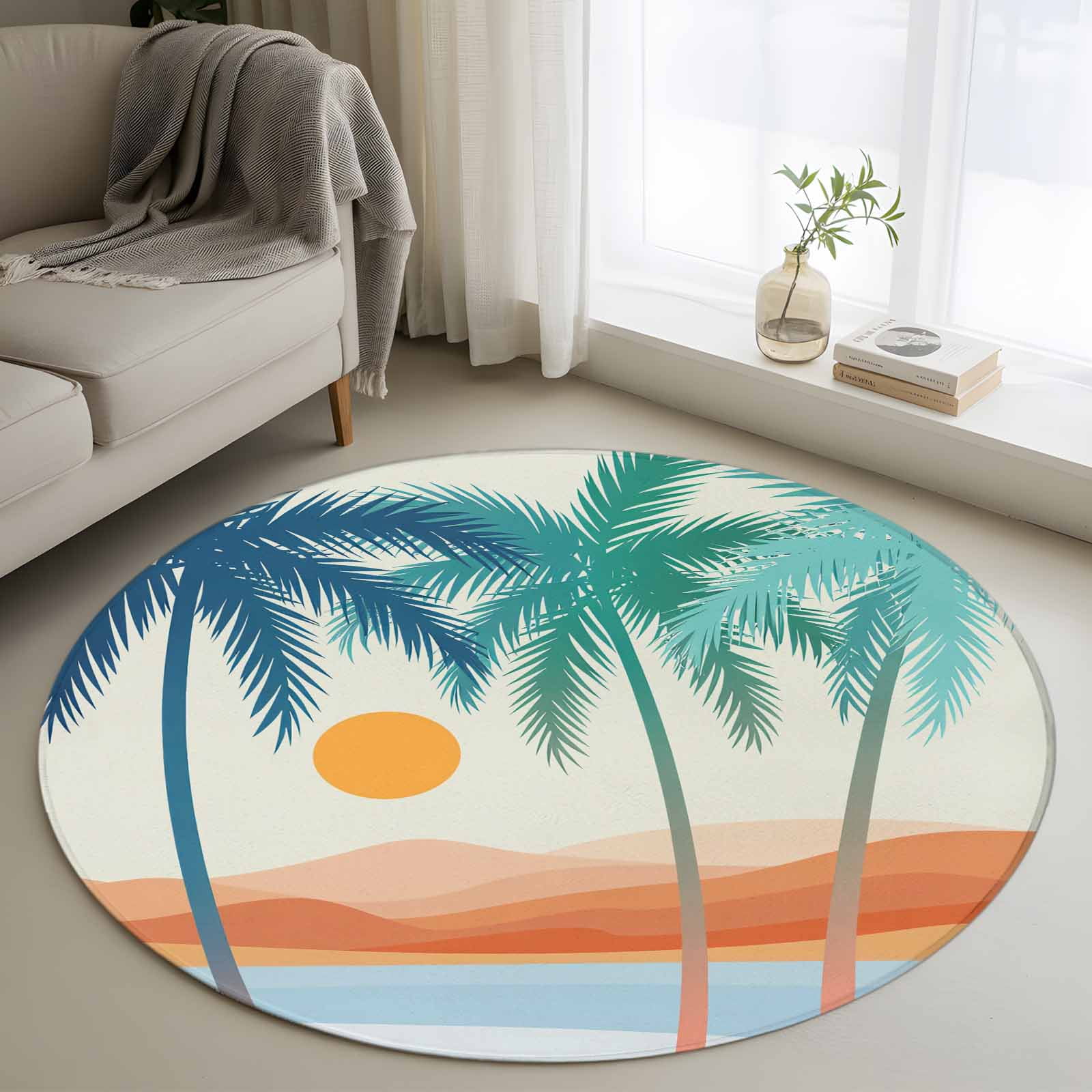4ft Round Rug, Boho Summer Beach Non-Skid Rubber Backing Large Area ...