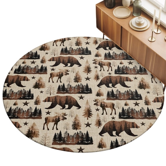 4ft Round Rug Brown Bear Elk Cabin Area Rugs for Living Room Bedroom ...