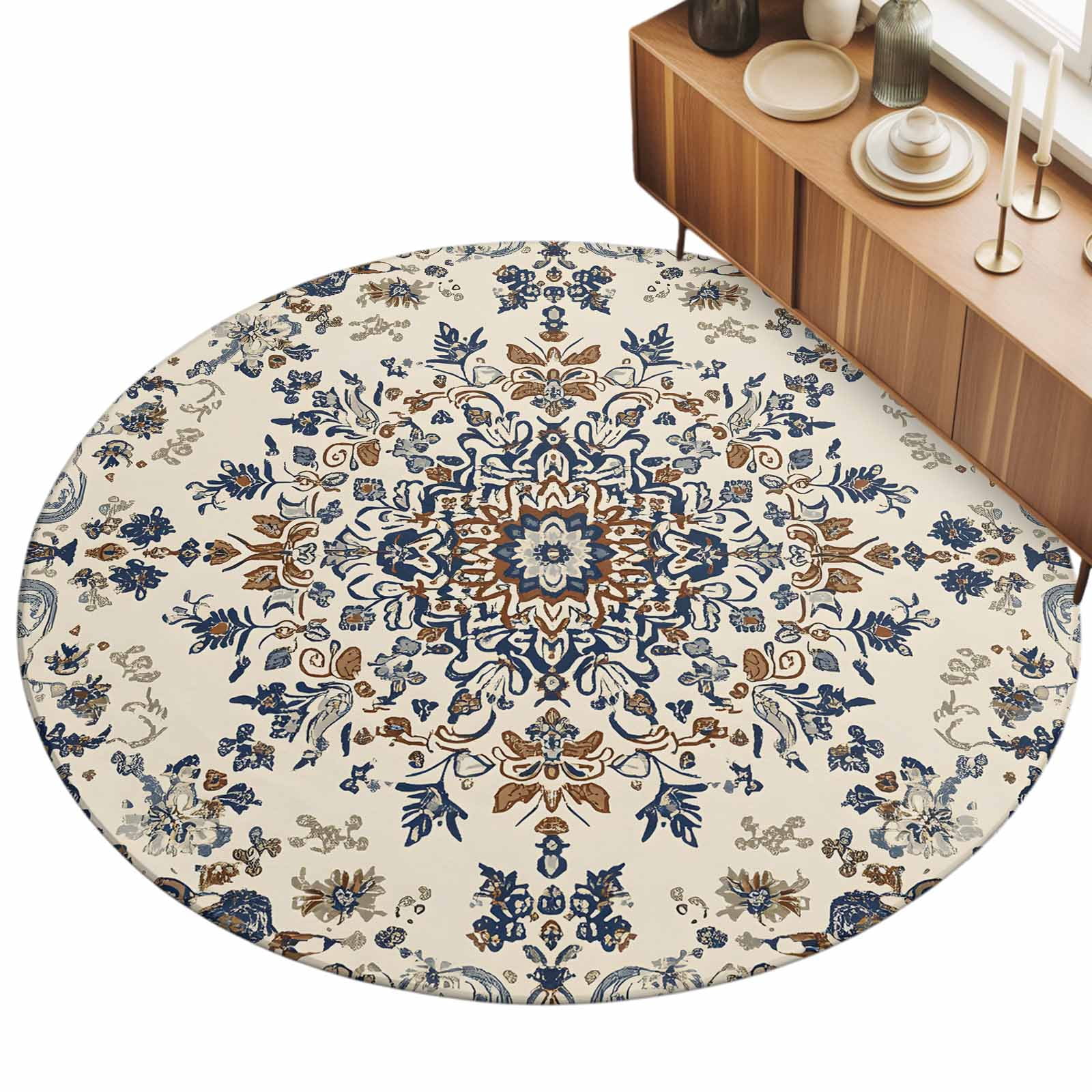 4ft Round Rug Brown Blue Boho Area Rugs for Living Room Bedroom ...