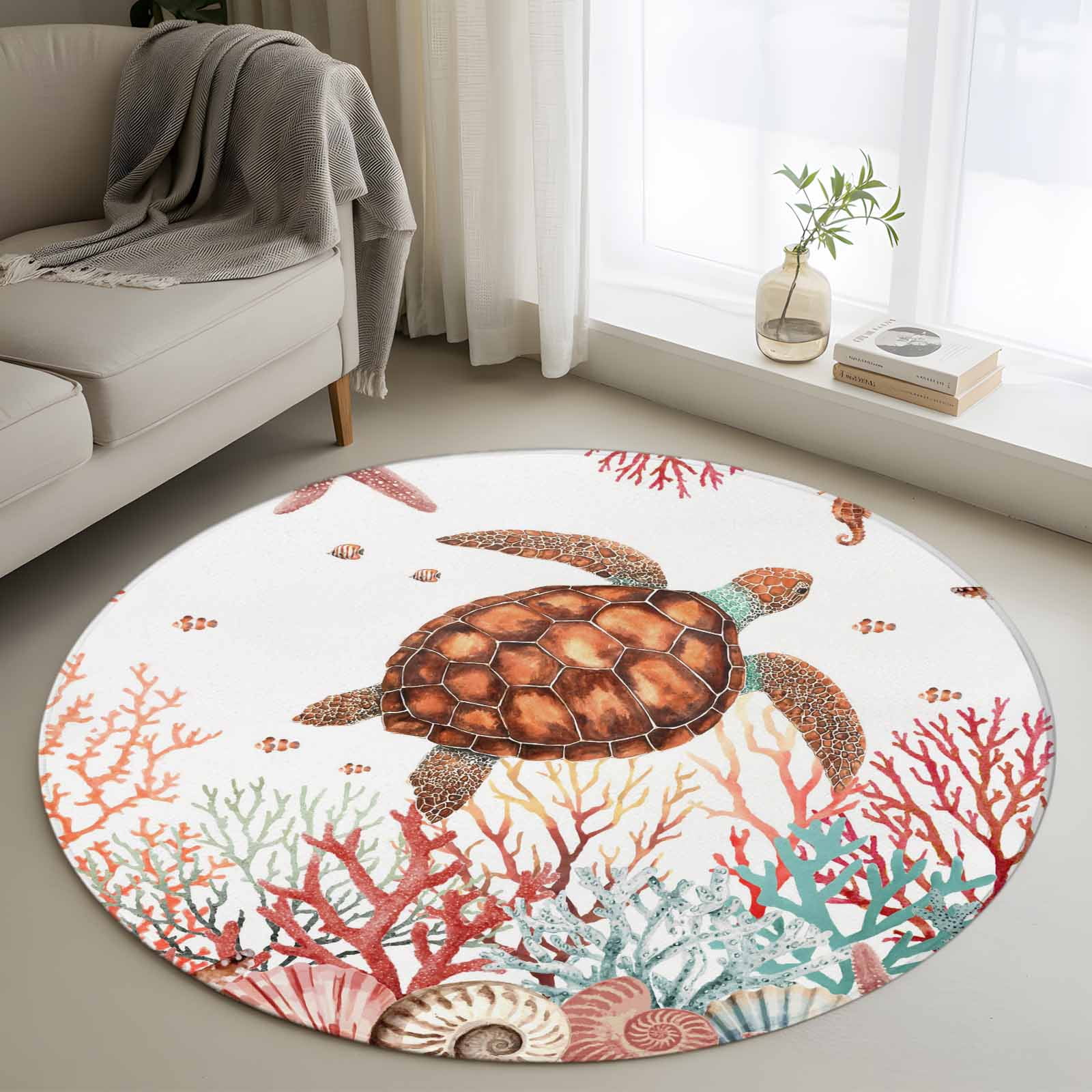 4ft Round Rug, Brown Turtle Coastal Non-Skid Rubber Backing Large Area ...
