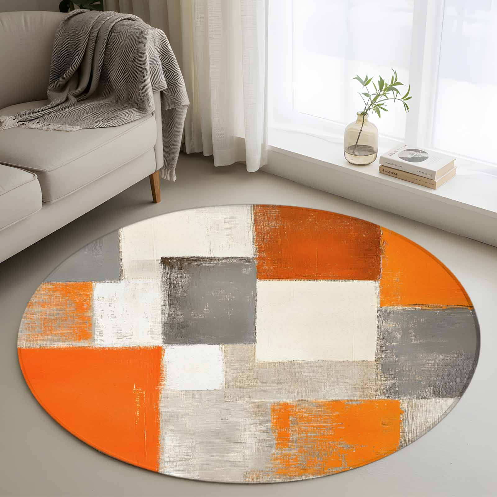 4ft Round Rug, Burnt Orange Non-Skid Rubber Backing Large Area Rugs ...