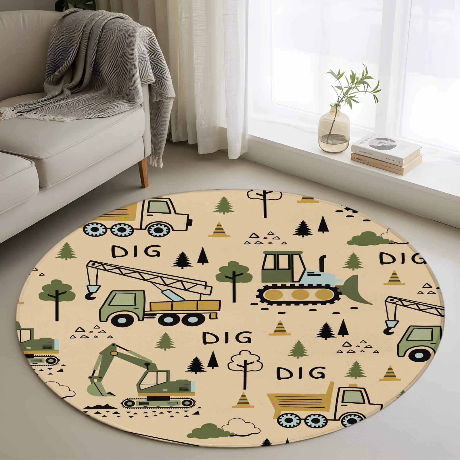4ft Round Rug, Cartoon Tractor Non-Skid Rubber Backing Large Area Rugs ...