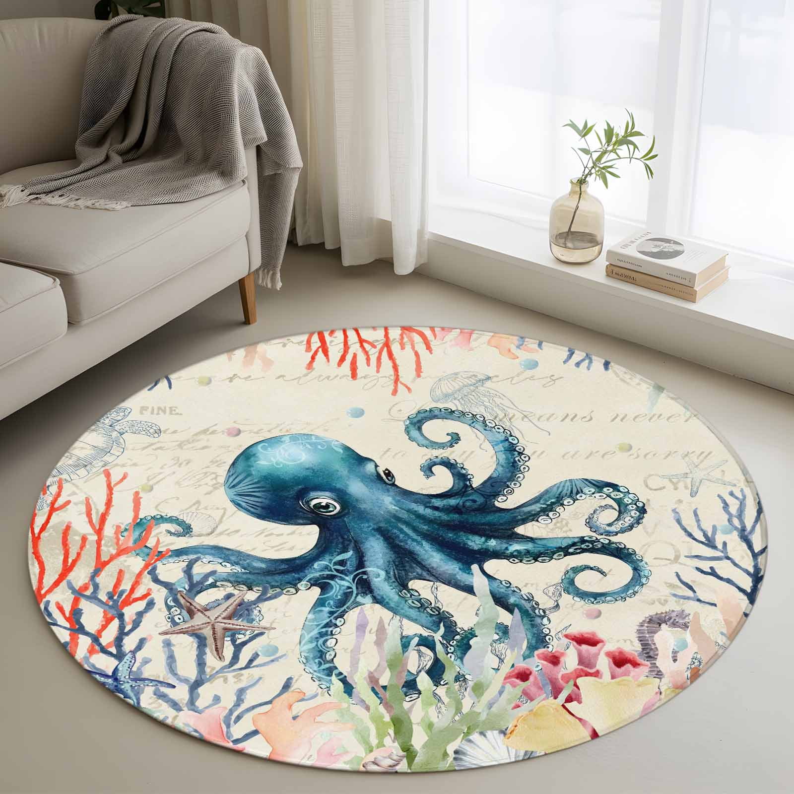 4ft Round Rug, Coastal Nautical Octopus Non-Skid Rubber Backing Large ...