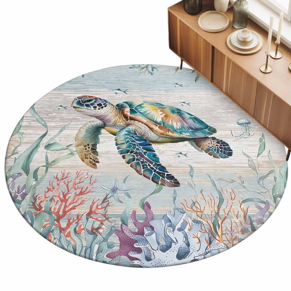 4ft Round Rug Coastal Turtle Area Rugs for Living Room Bedroom Washable ...