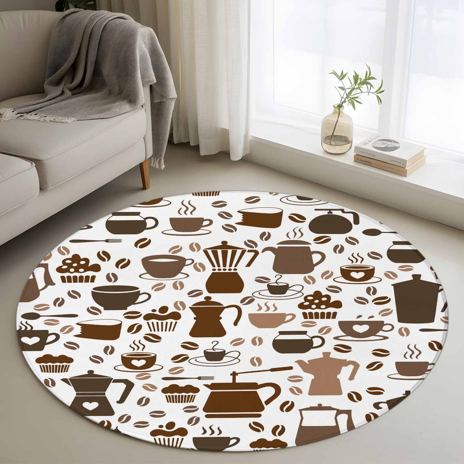 4ft Round Rug, Coffee Beans Non-Skid Rubber Backing Large Area Rugs ...