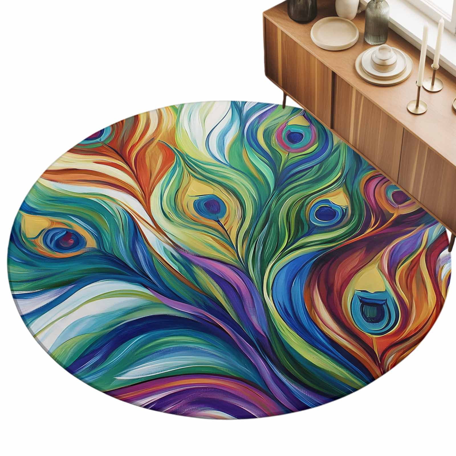 4ft Round Rug Colorful Peacock Feathers Area Rugs for Living Room ...