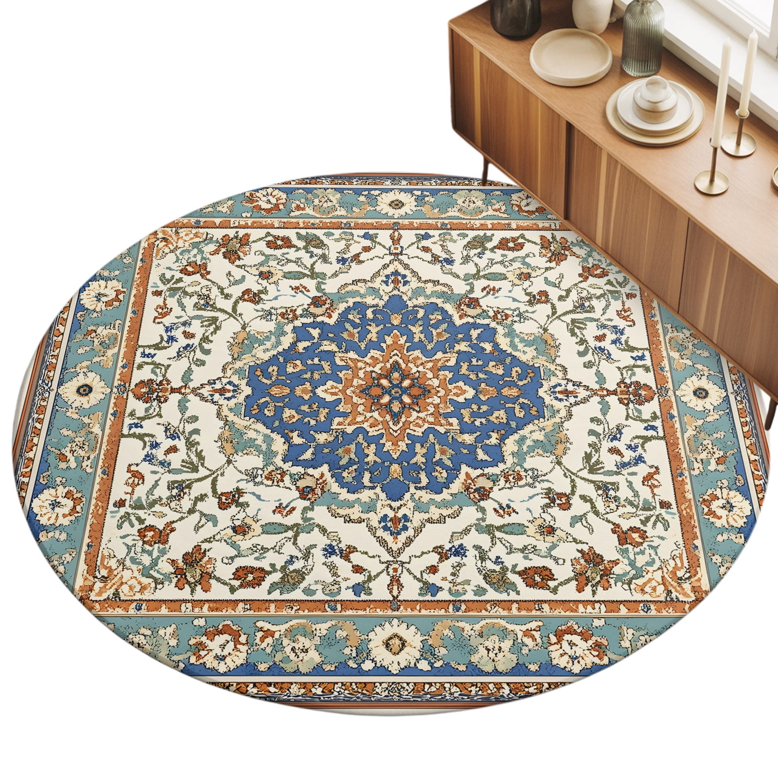 4ft Round Rug Ethnic Rustic Area Rugs for Living Room Bedroom Washable ...