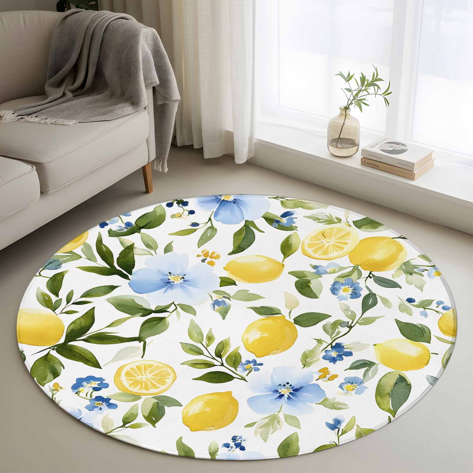 4ft Round Rug, Eucalyptus Lemon Non-Skid Rubber Backing Large Area Rugs ...