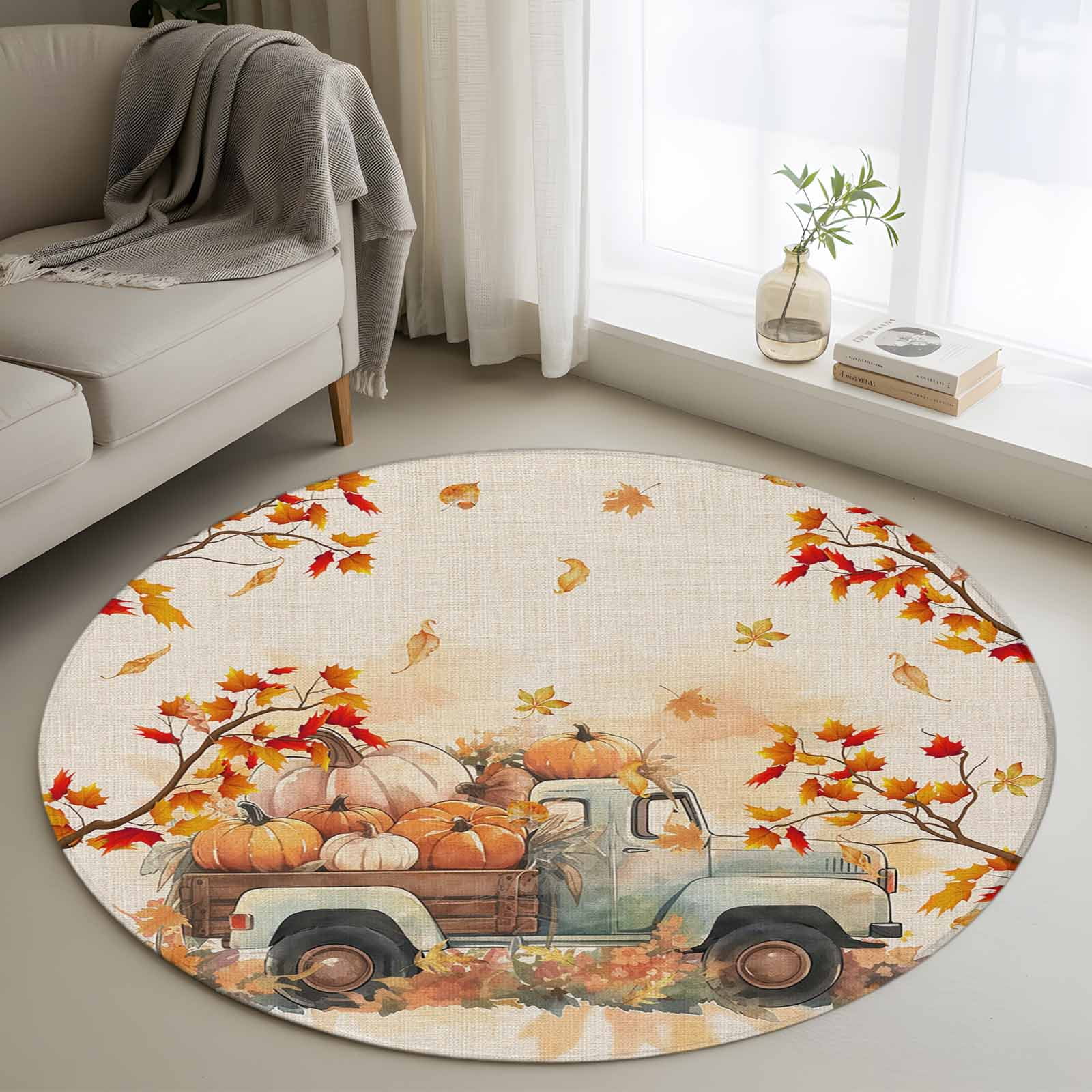 4ft Round Rug, Fall Thanksgiving Non-Skid Rubber Backing Large Area ...