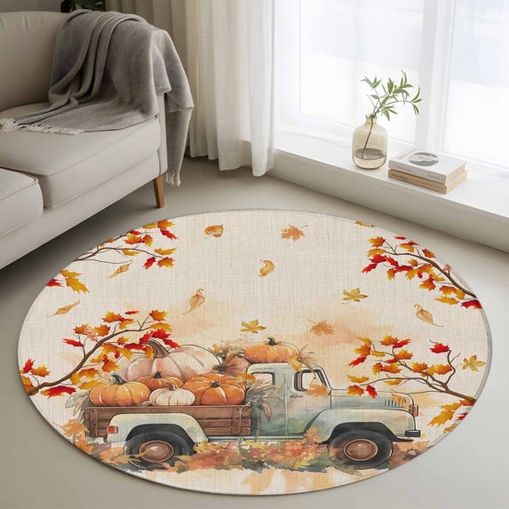 4ft Round Rug, Fall Thanksgiving Non-Skid Rubber Backing Large Area ...