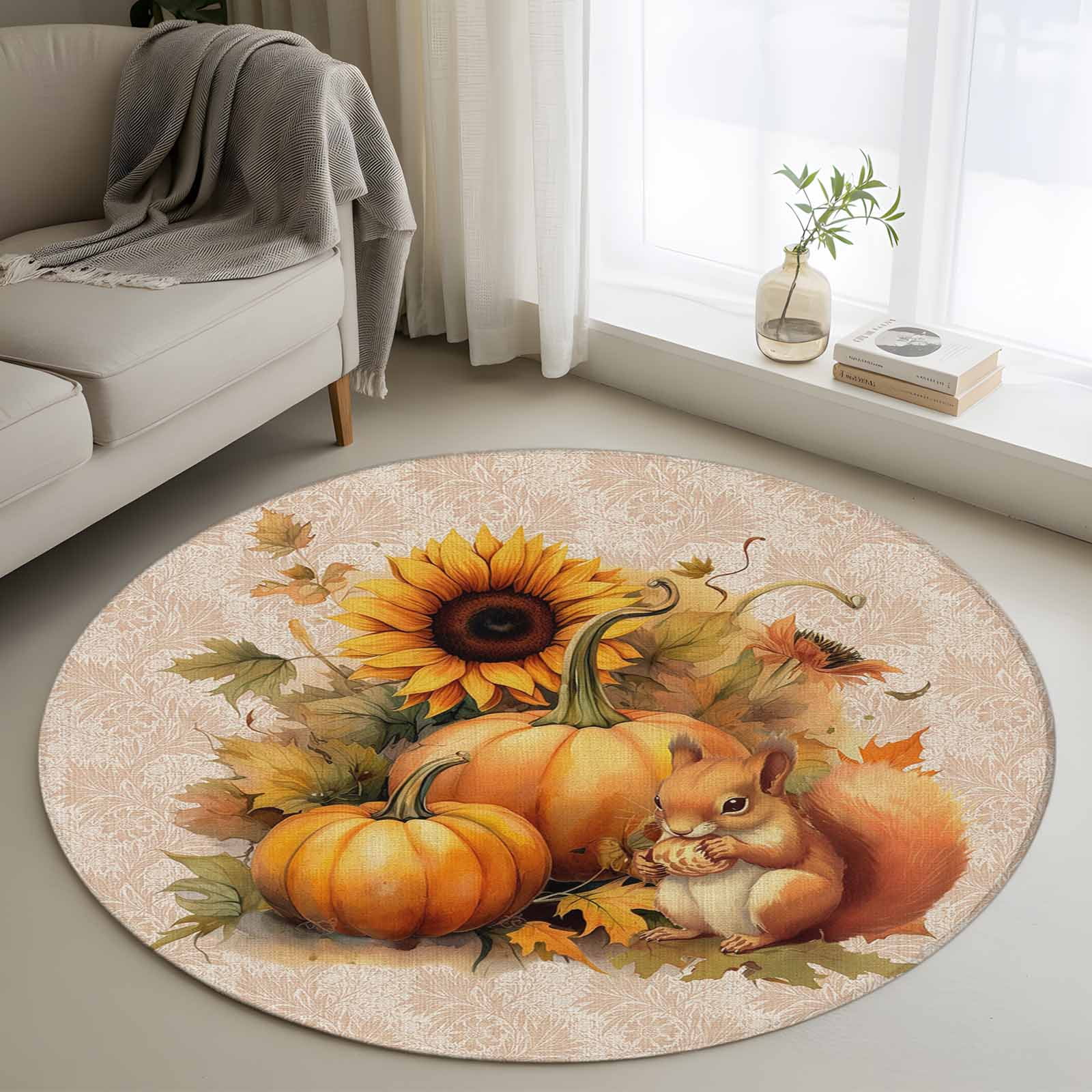 4ft Round Rug, Fall Thanksgiving Non-Skid Rubber Backing Large Area ...