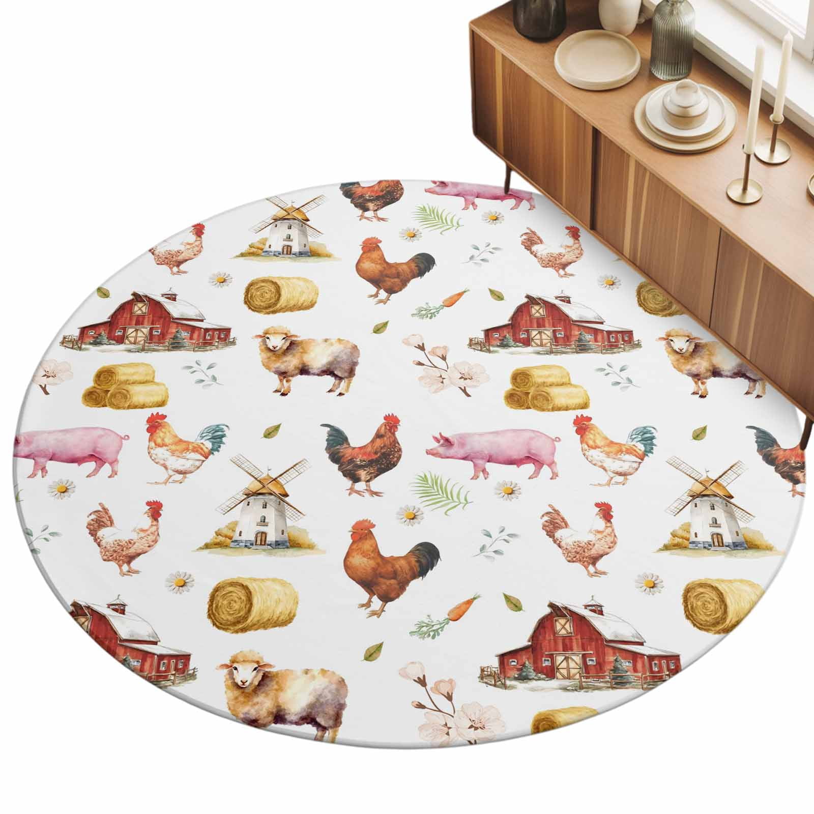 4ft Round Rug Farm Animals Area Rugs for Living Room Bedroom Washable ...