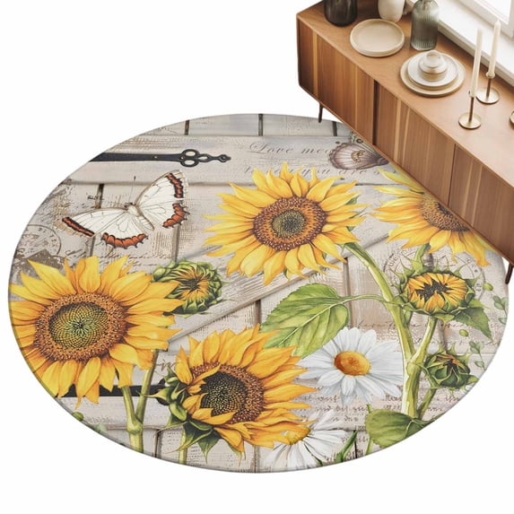 4ft Round Rug Farm Flowers Area Rugs for Living Room Bedroom Washable ...