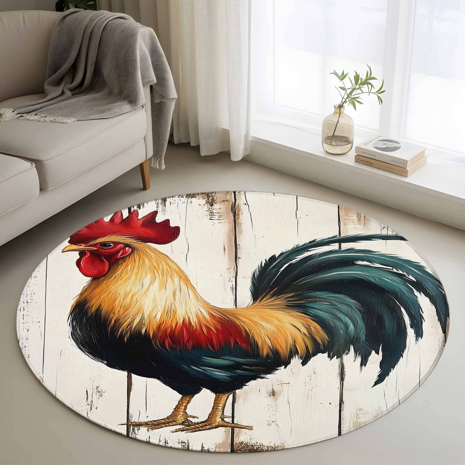 4ft Round Rug, Farmhouse Rooster Non-Skid Rubber Backing Large Area ...
