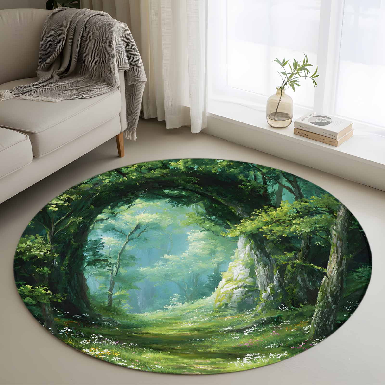 4ft Round Rug, Forest Non-Skid Rubber Backing Large Area Rugs - Living ...