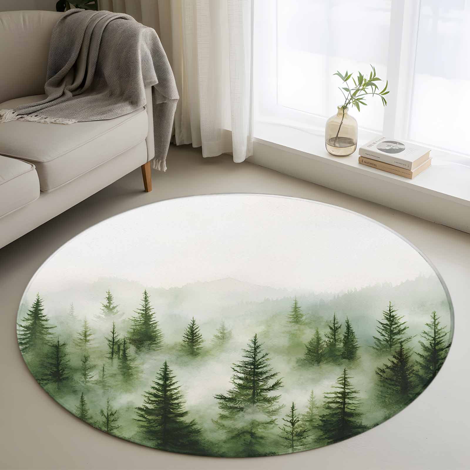 4ft Round Rug, Green Mist Forest Non-Skid Rubber Backing Large Area ...