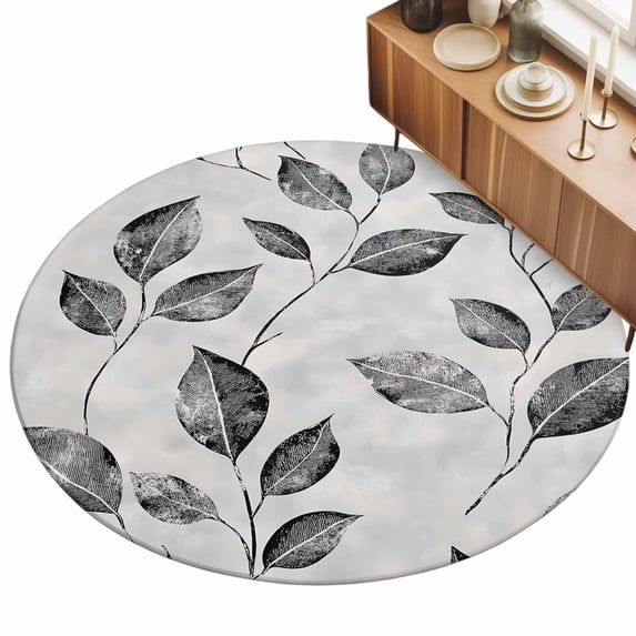 4ft Round Rug Grey Black Leaves Area Rugs for Living Room Bedroom ...