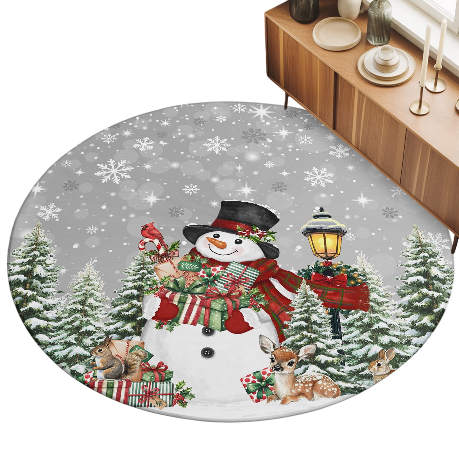 4ft Round Rug Grey Christmas Area Rugs for Living Room Bedroom Washable ...