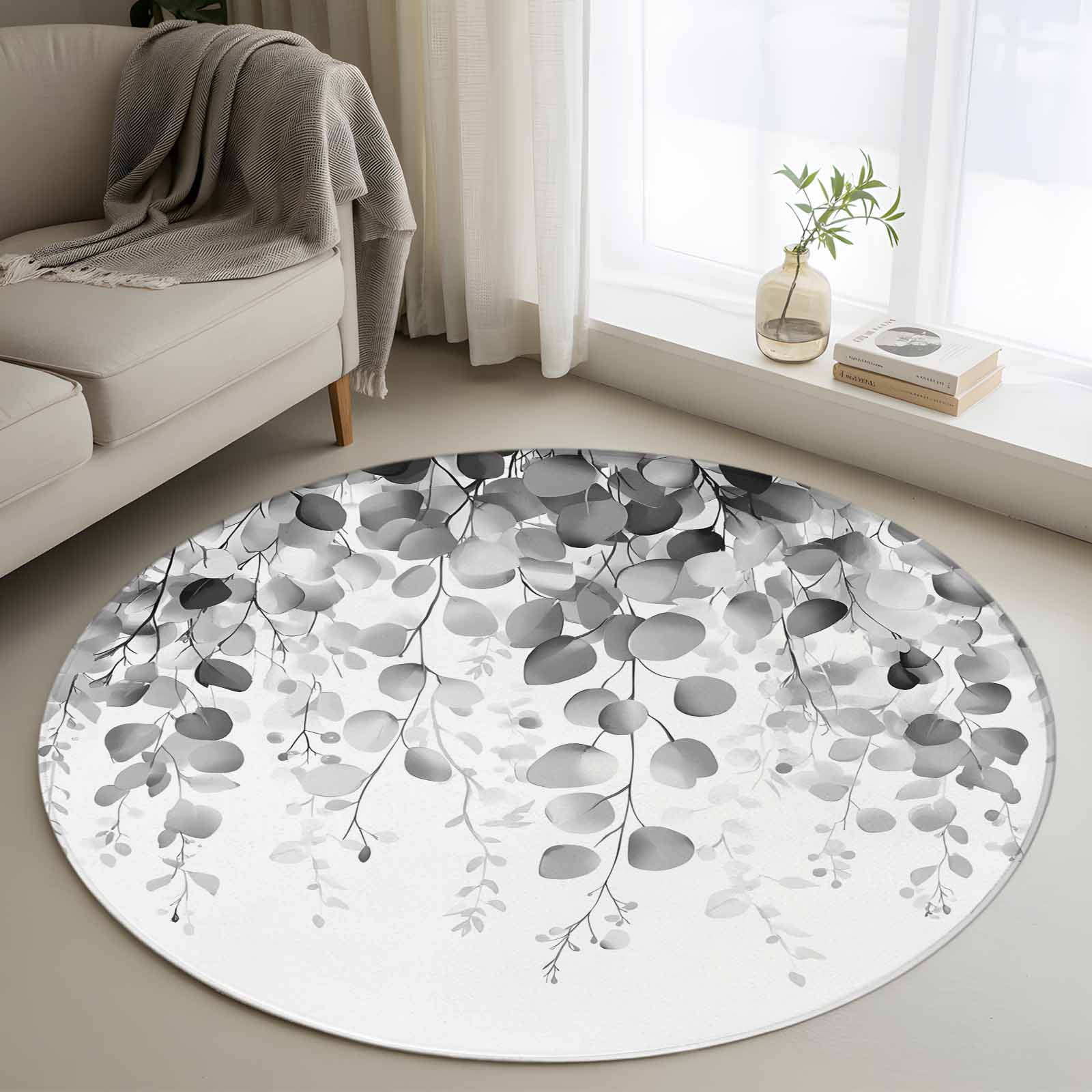 4ft Round Rug, Grey Eucalyptus Non-Skid Rubber Backing Large Area Rugs ...
