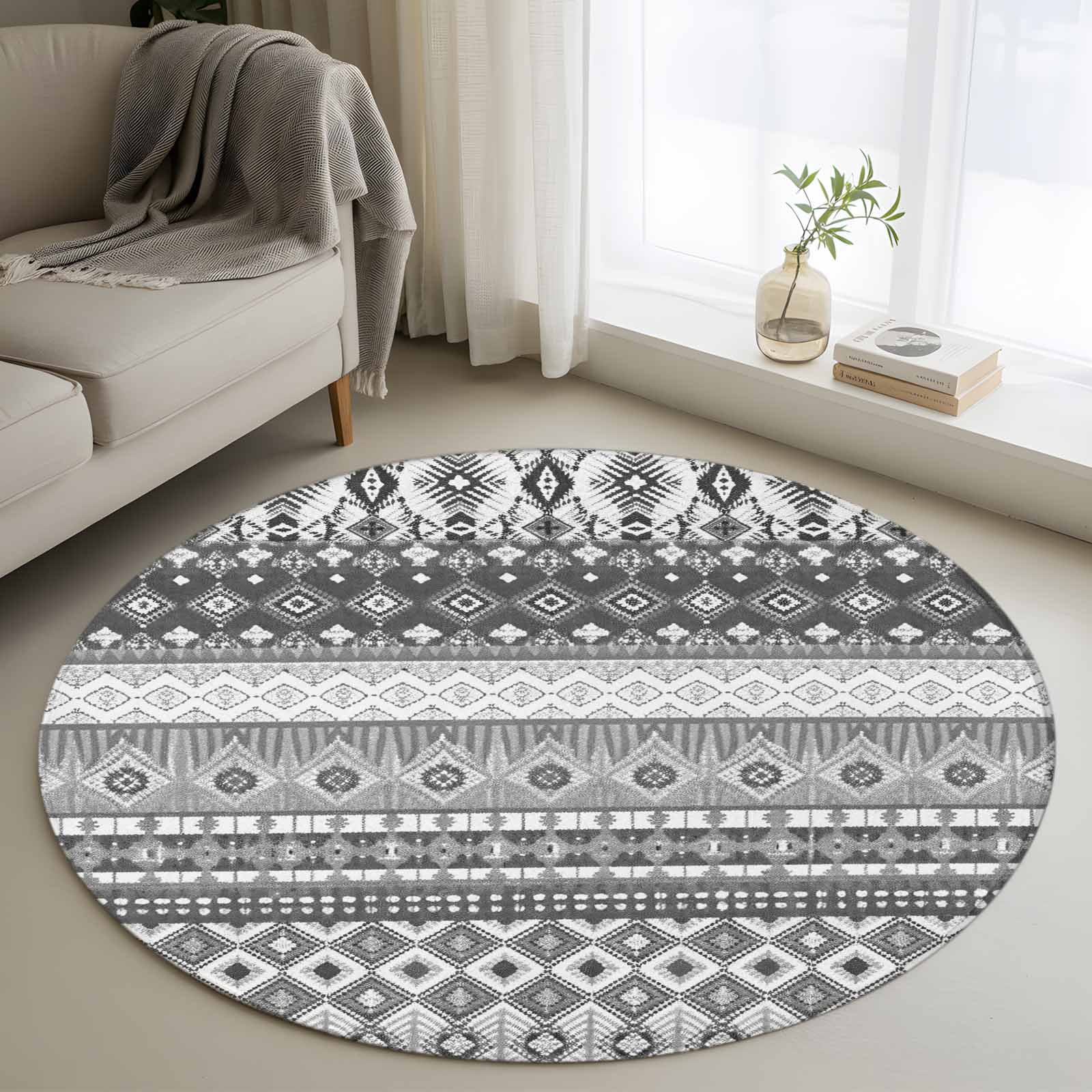 4ft Round Rug, Grey White Boho Non-Skid Rubber Backing Large Area Rugs ...