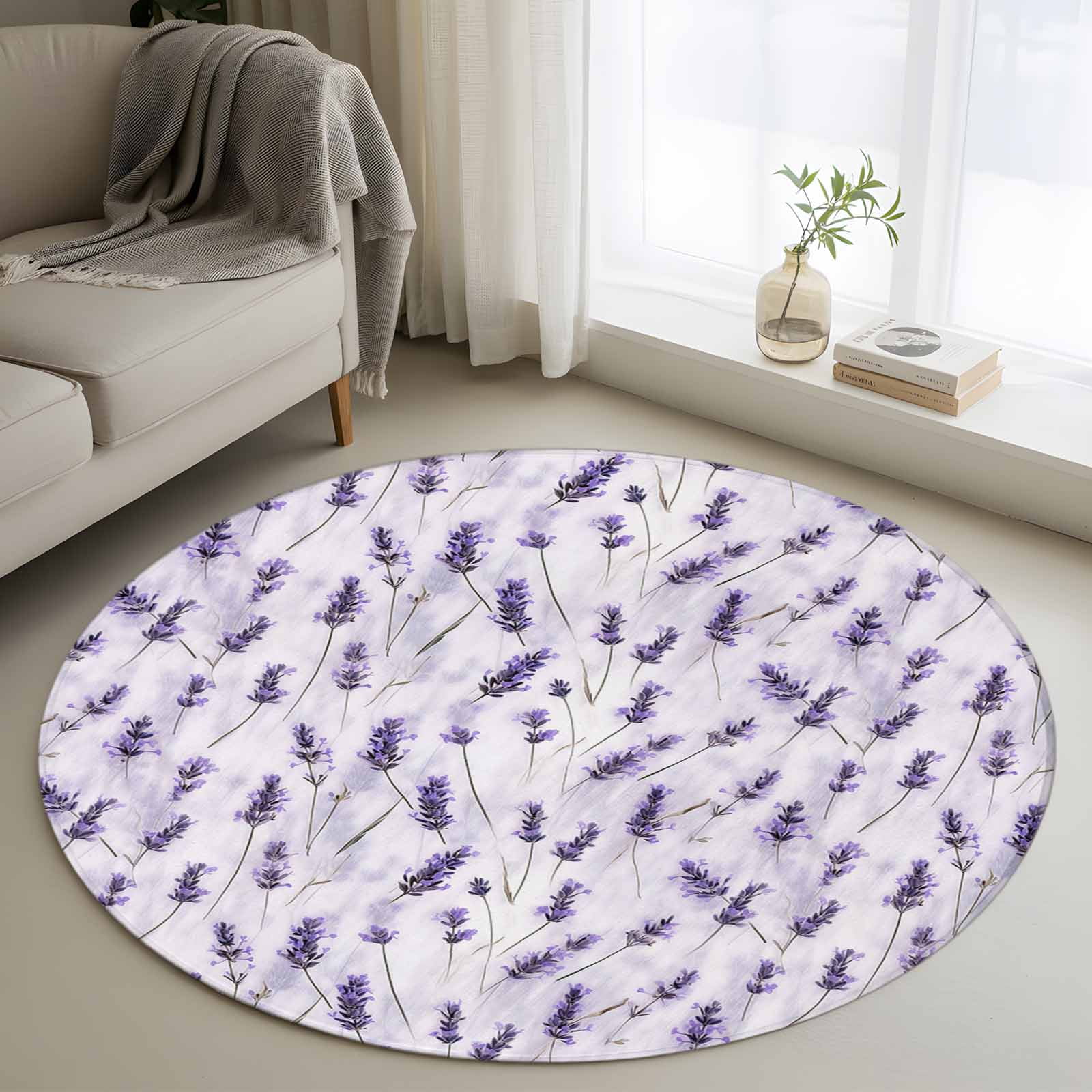 4ft Round Rug, Lavender Non-Skid Rubber Backing Large Area Rugs ...